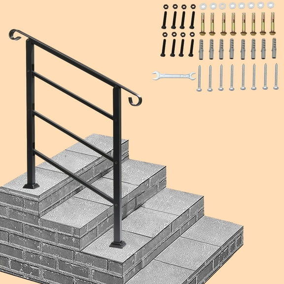 Heywoo Handrails for Outdoor Steps, Black Wrought Iron Handrail Fits 2 ...