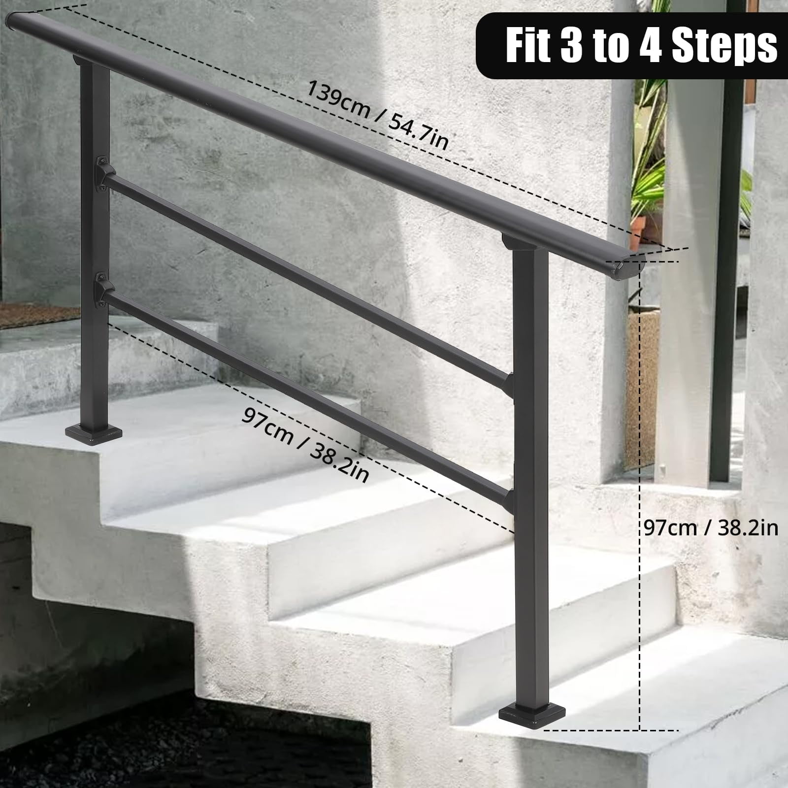 Handrails for Outdoor Steps, 4 Step Handrail Fit 3 or 4 Steps Outdoor ...