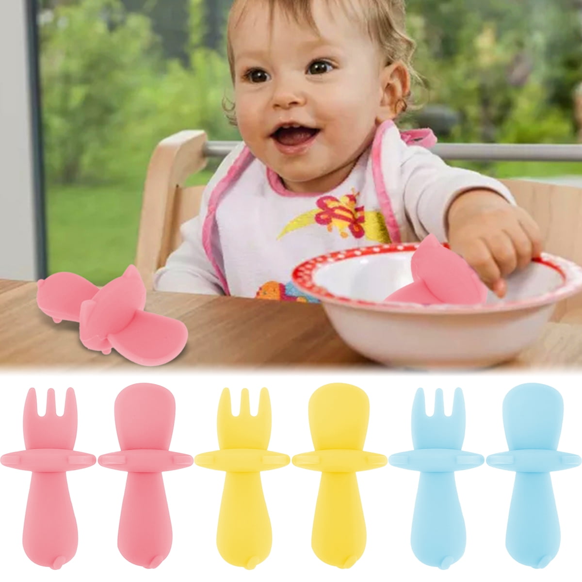Hands DIY Toddler Utensils Set Self-Feeding Silicone Baby Utensils Anti ...