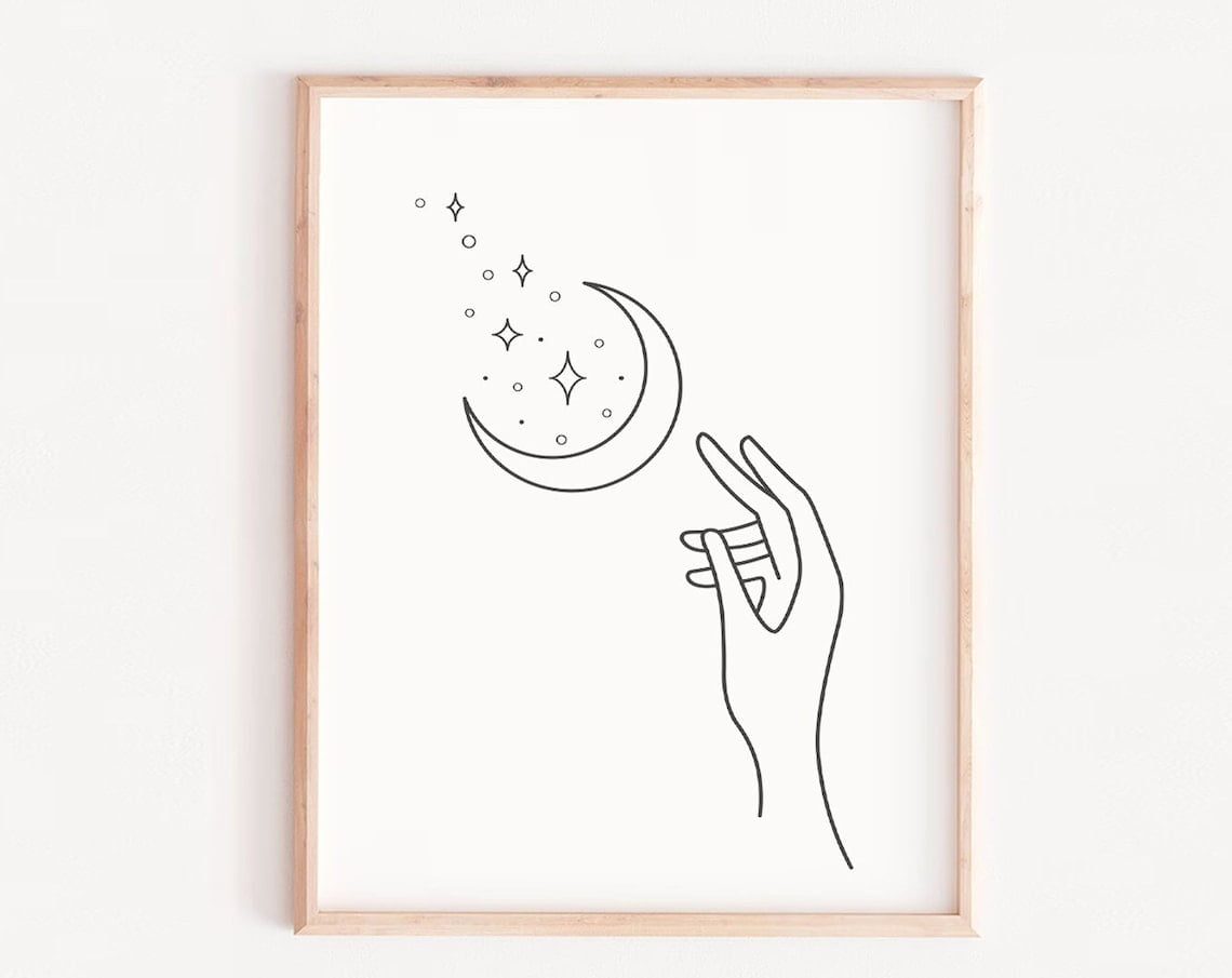 Hands With Moon And Stars, Modern Wall Art, Line Drawing Print, Hands ...