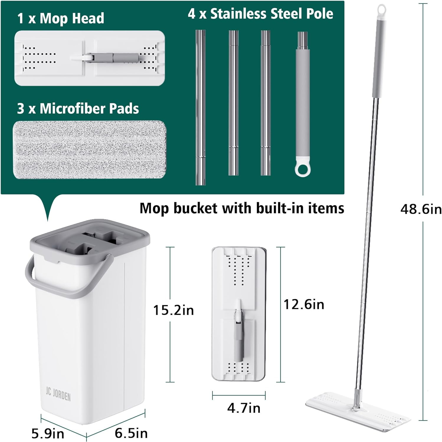 Hands- Mop and Bucket Set with Wringer, 3 Microfiber Pads, All Floor ...