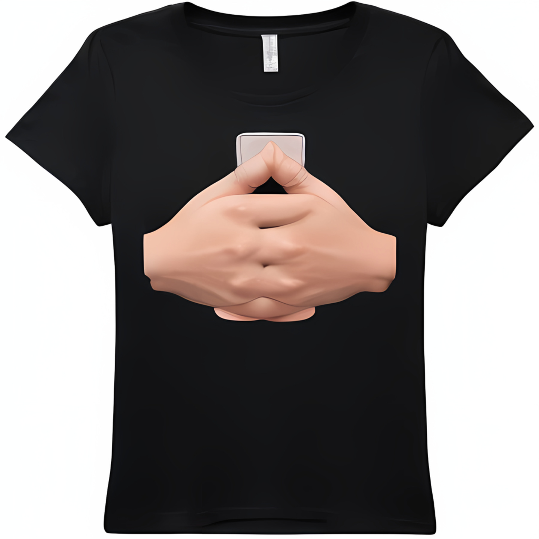 Hands Pointing & Holding Phone EmoTee Black T-Shirt Mockup Simple ...