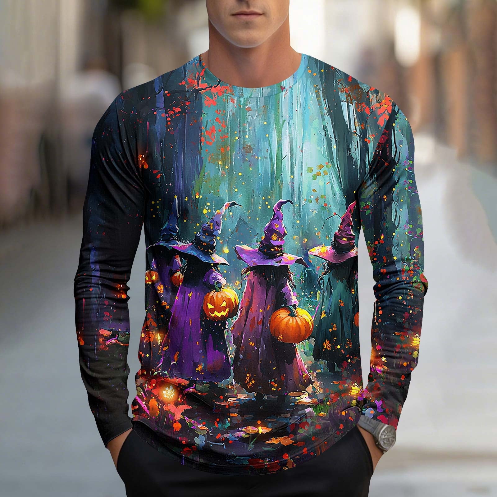 Handshe Men Fashion Casual Print Sports Long Sleeves Round-Neck Blouses ...