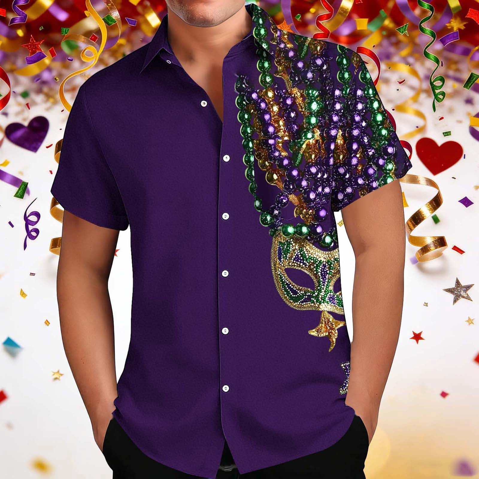 Handshe Men's Carnival Print Button-Down Shirt, Short Sleeve with ...