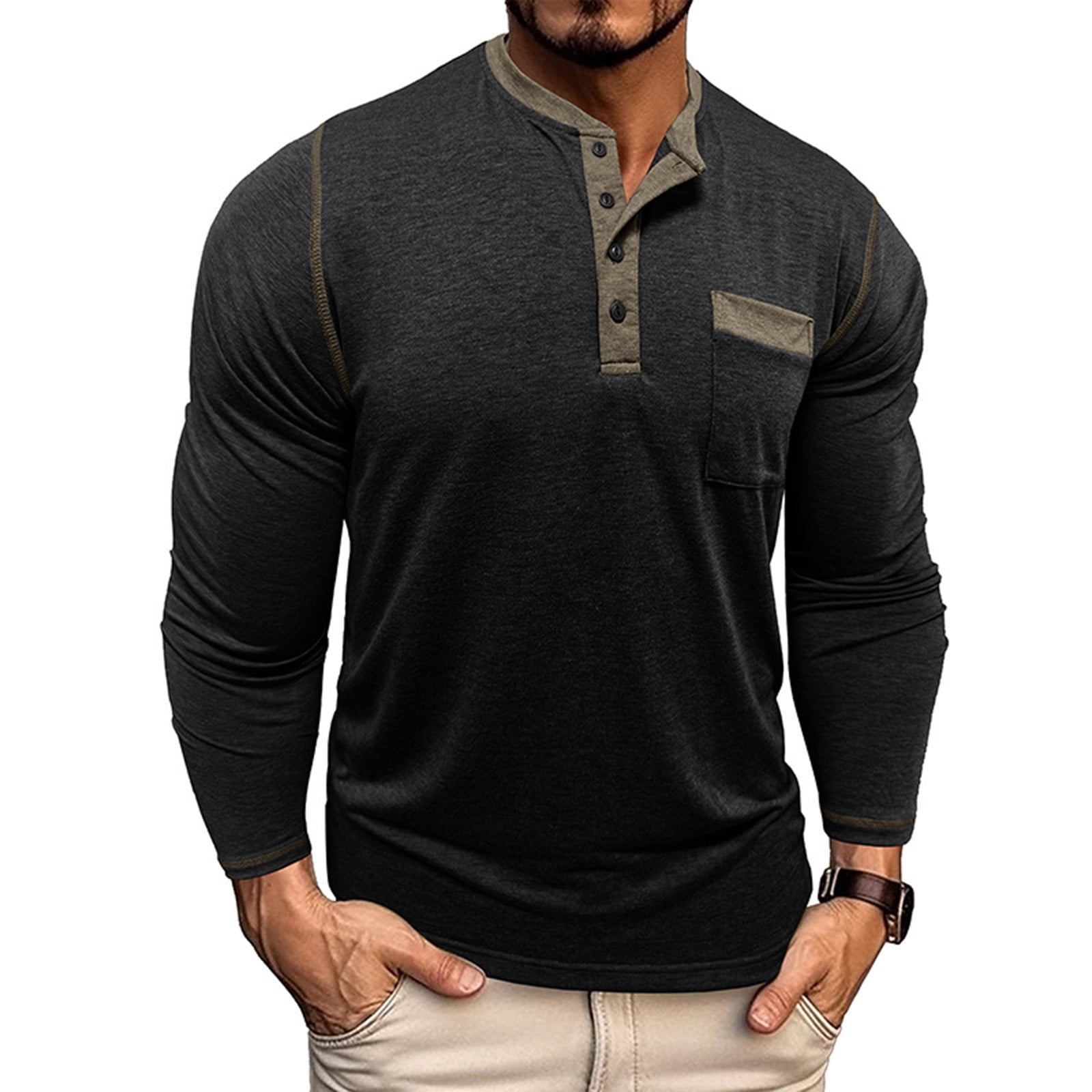 Handshe Men's Casual Fashion Solid Color Round Neck Button Pocket Long ...