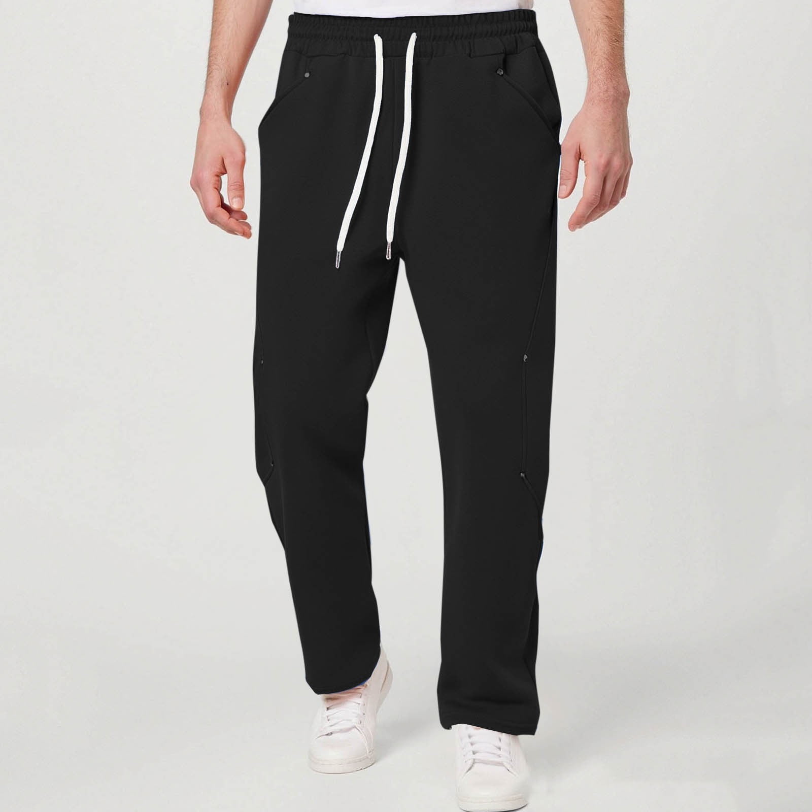 Handshe Men's Casual Solid Color Loose Fit Pants with Studded Pockets ...