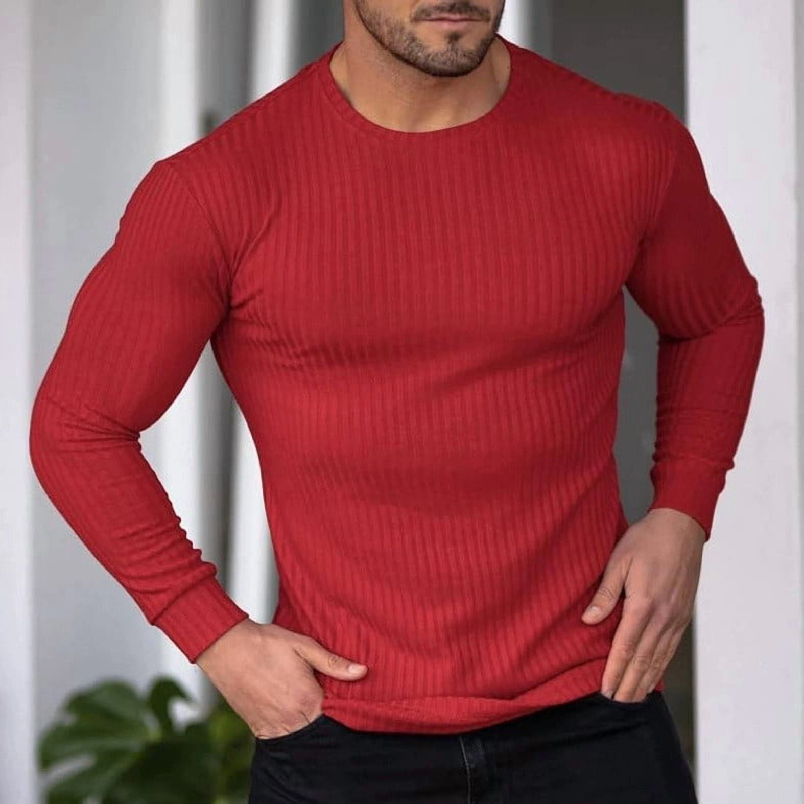Handshe Men's Casual T-Shirt, Solid Color Long Sleeve Round Neck ...