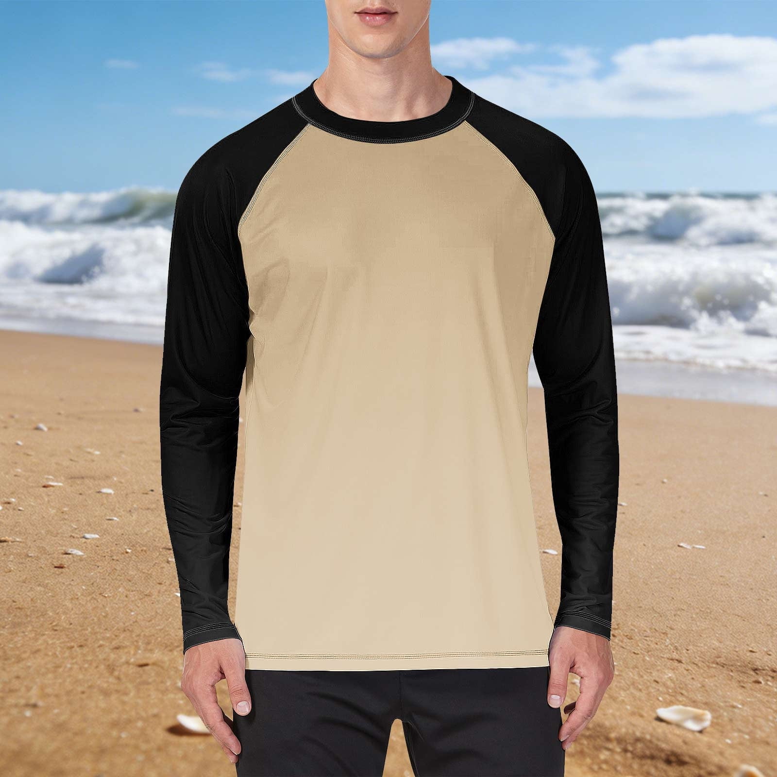 Handshe Men's Color-Block Sun Protection Shirt, Long Sleeve Round Neck ...