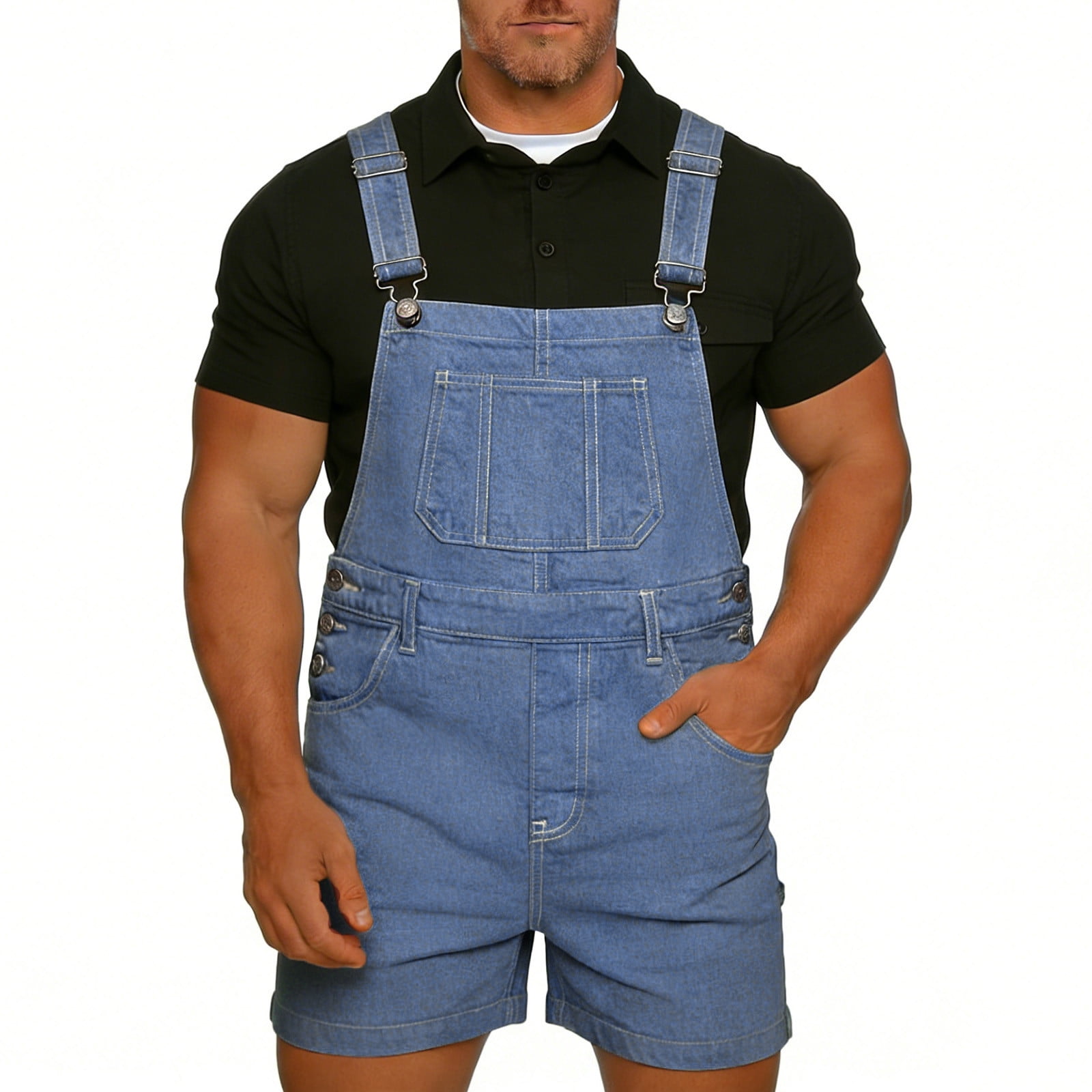 Handshe Men's Denim Overalls Shorts with Chest Pocket, Washed Utility ...