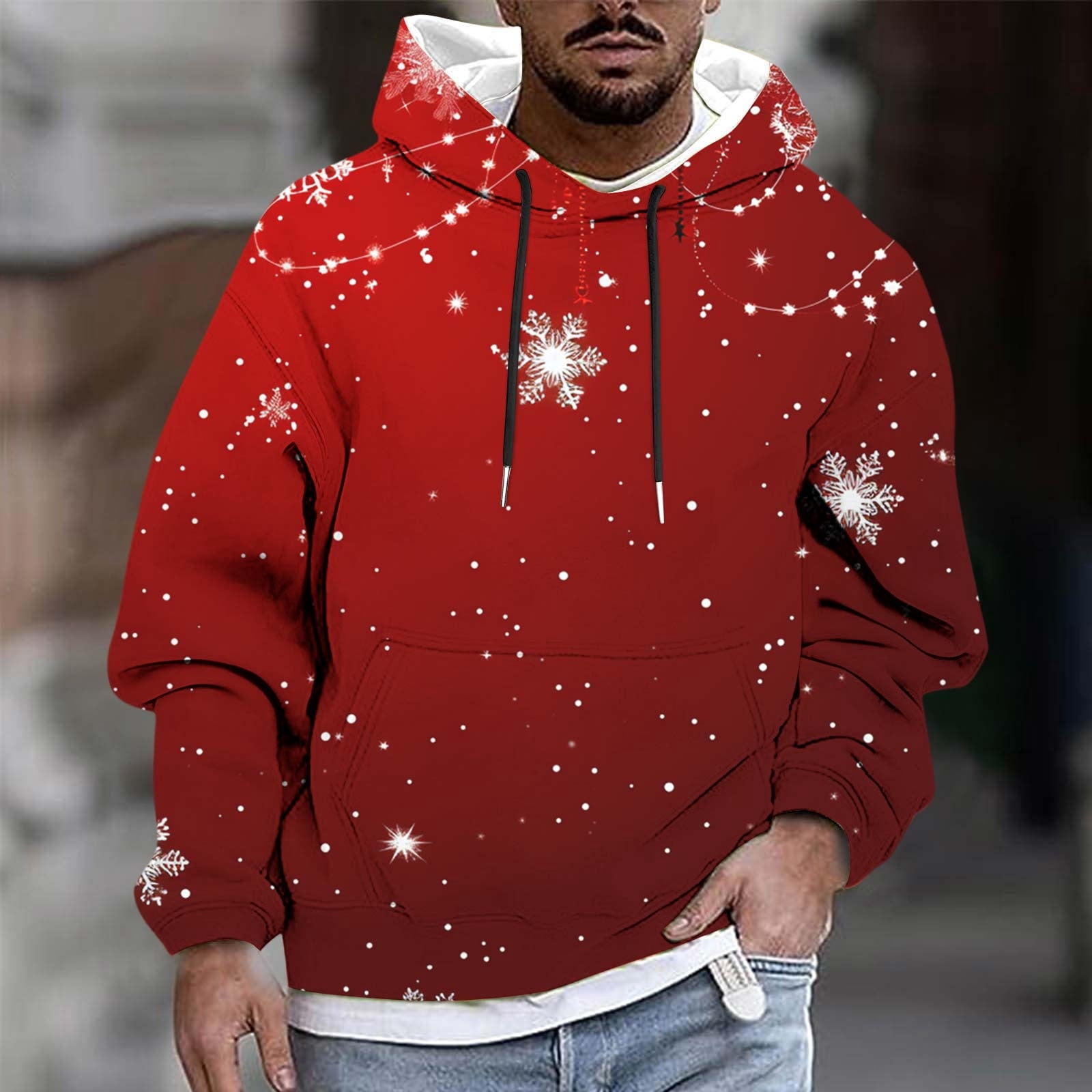 Handshe Men's Hooded Sweatshirt, Christmas Print Long Sleeve Pullover ...