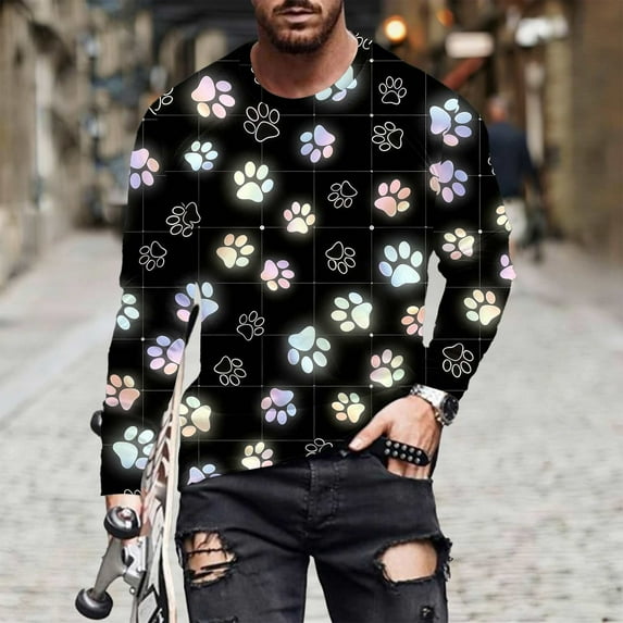 Handshe Men's Long Sleeve T-Shirt with Paw Print Design, Comfortable ...