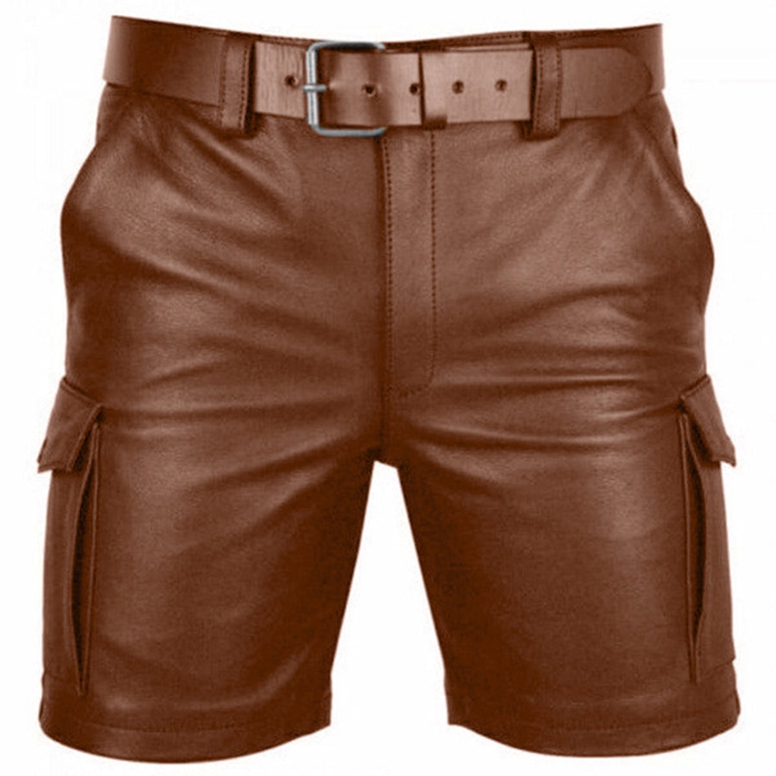 Handshe Men's PU Leather Cargo Shorts, Solid Color with Button Closure ...