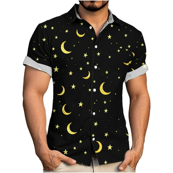 Handshe Men's Print Shirt, Short Sleeve with Notch Collar and Button ...