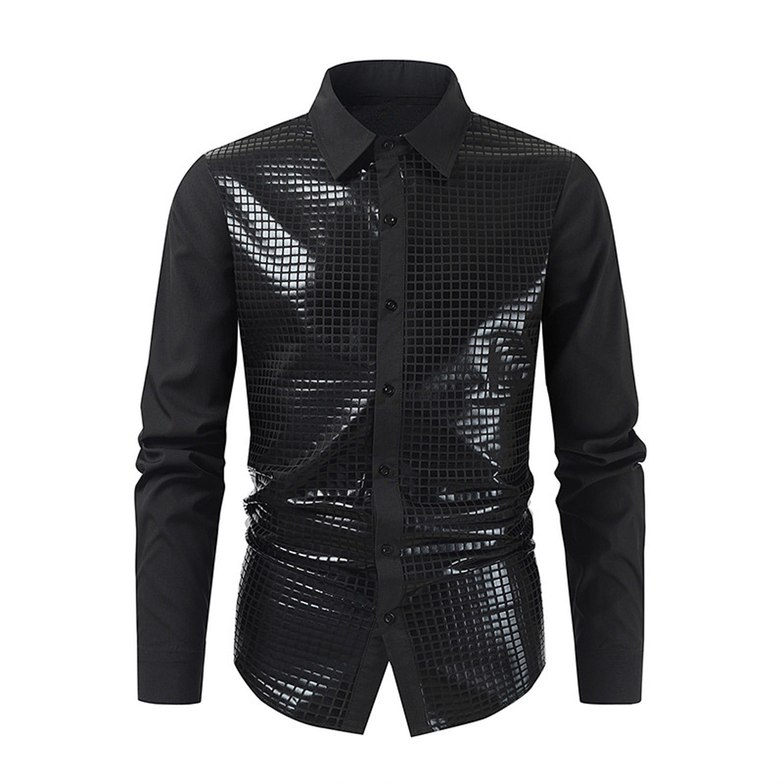 Handshe Men's Sequin Shiny Button Down Shirt Short Sleeve Collared ...