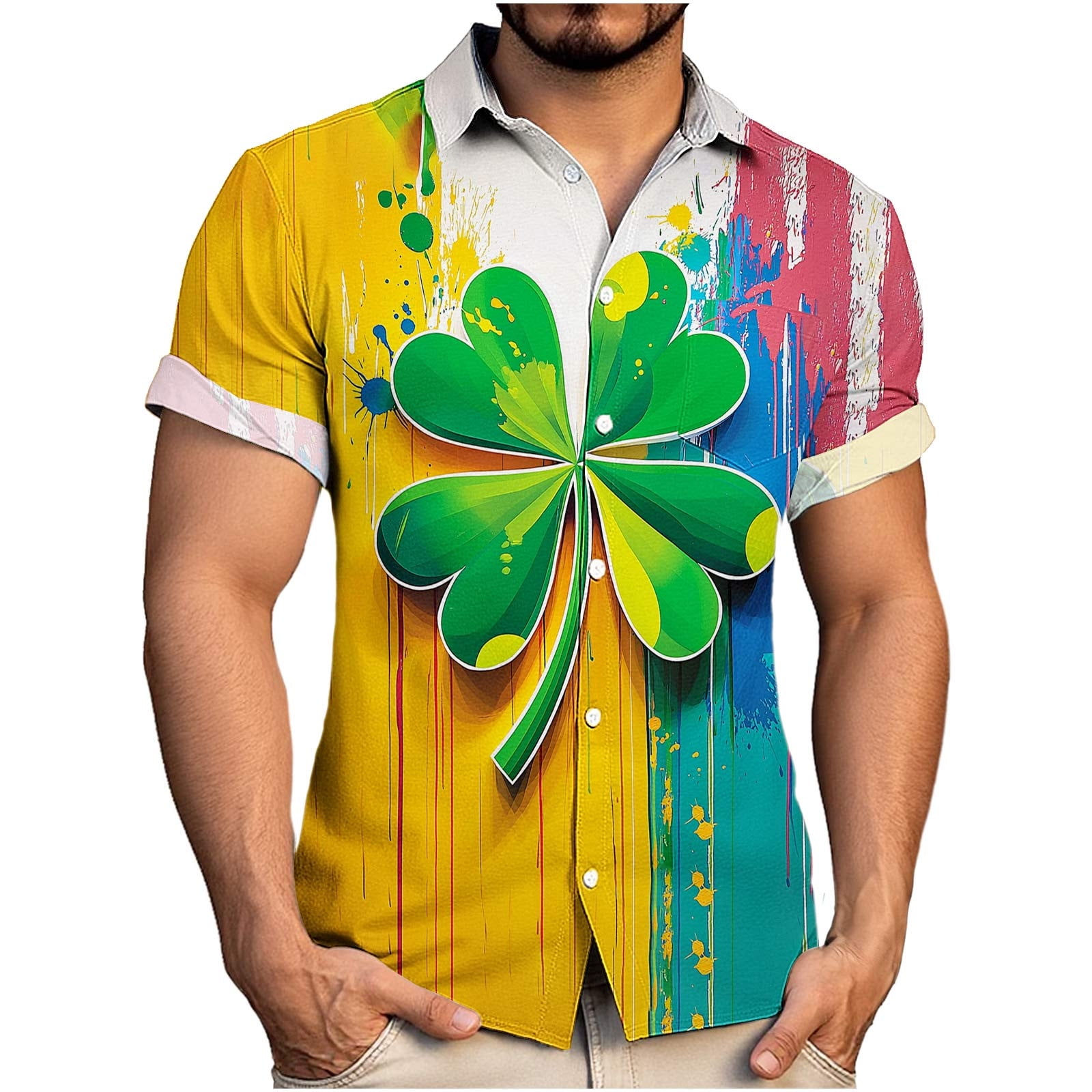 Handshe Men's Short Sleeve Button-Up Shirt with Lapel Collar and St ...