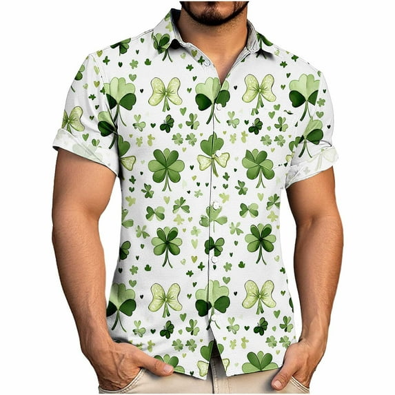 Handshe Men's Short Sleeve Button-Up Shirt with Turn-Down Collar and St ...