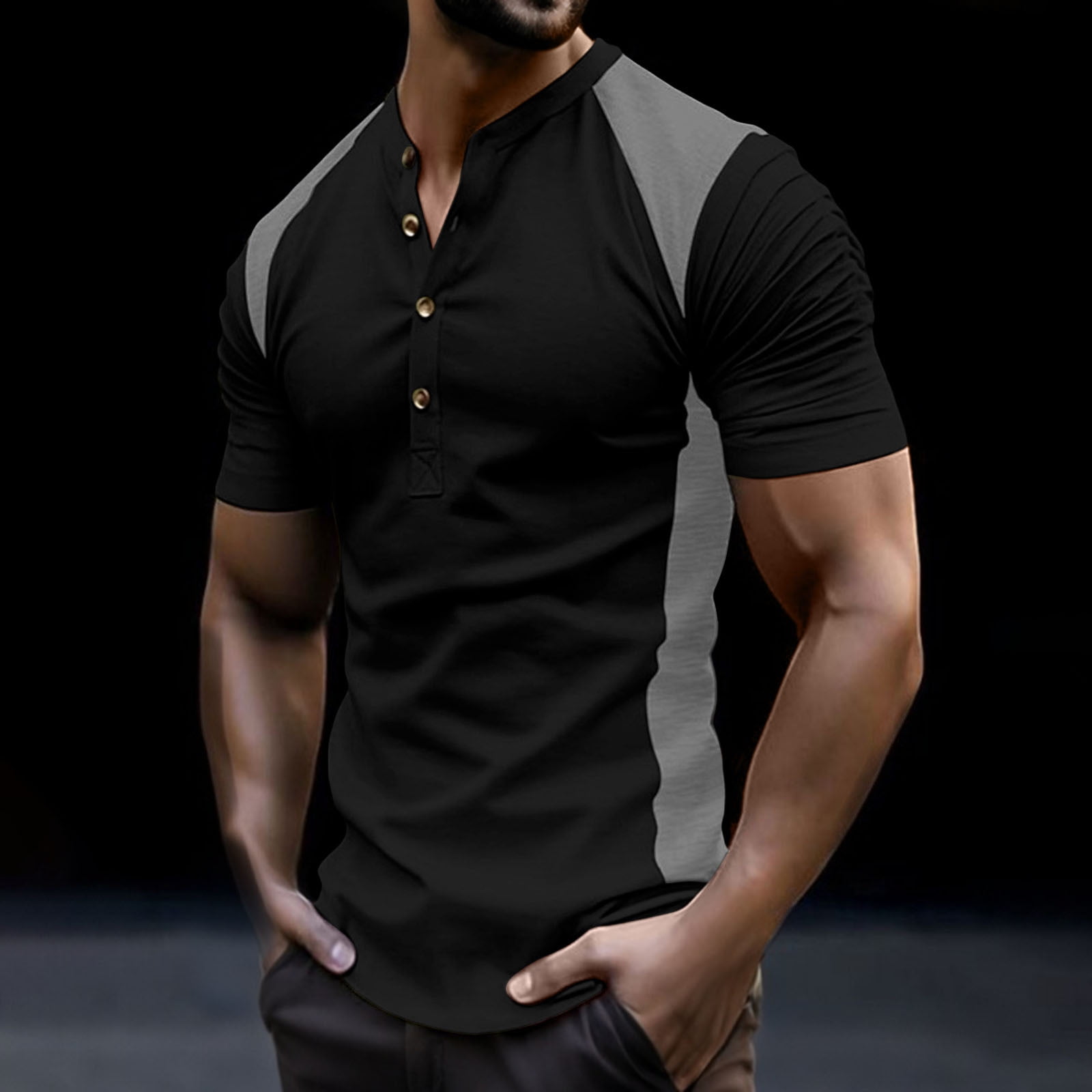 Handshe Men's Short Sleeve Henley Shirt, Color-Block for Wear and Daily ...