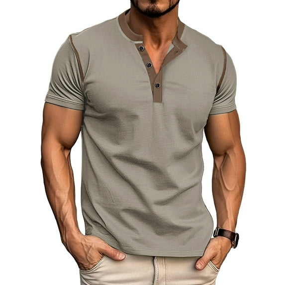 Handshe Men's Short Sleeve Henley Shirt, Solid and Color Block Design ...