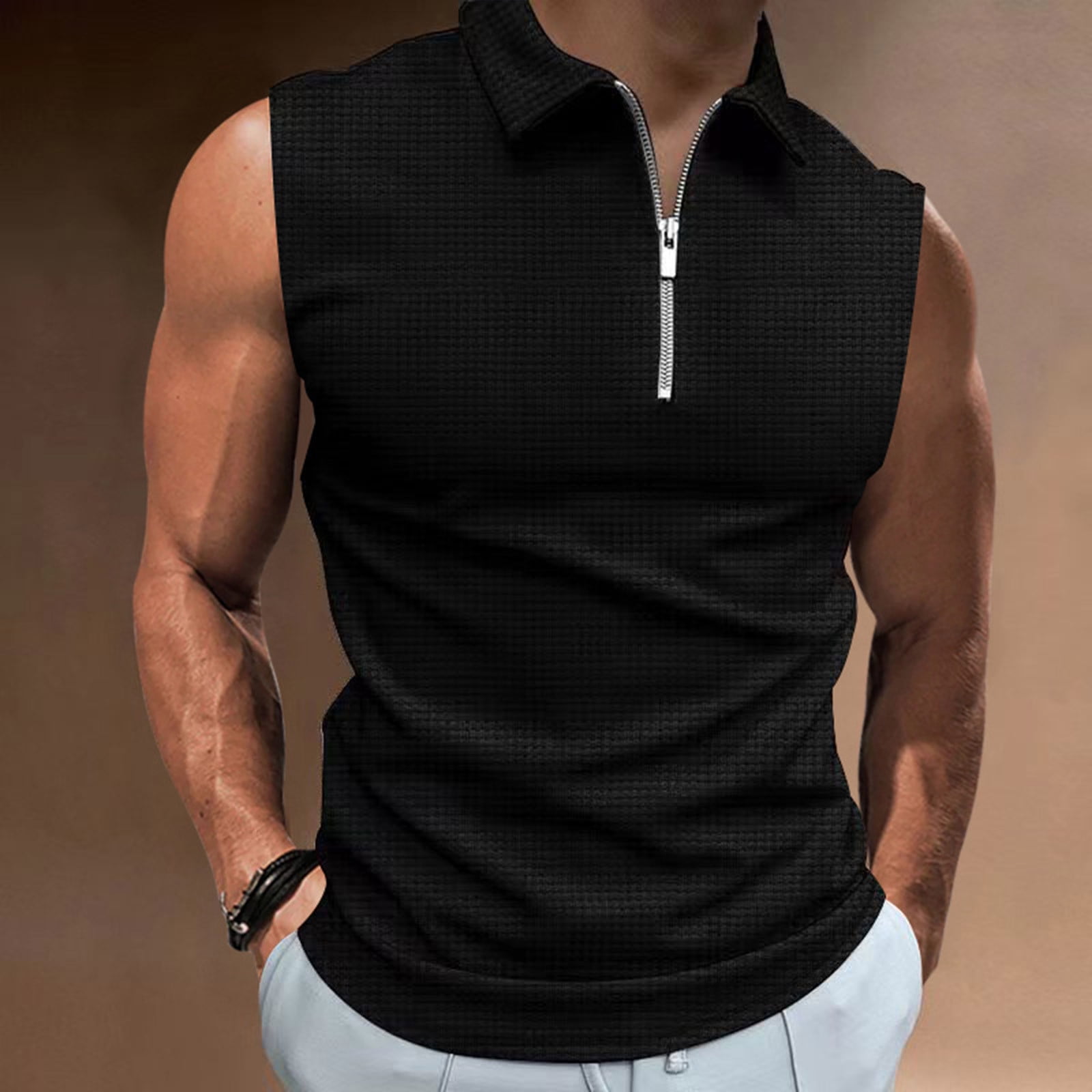 Handshe Men's Sleeveless Zip Collar T-Shirt - Lightweight Quick-Dry ...