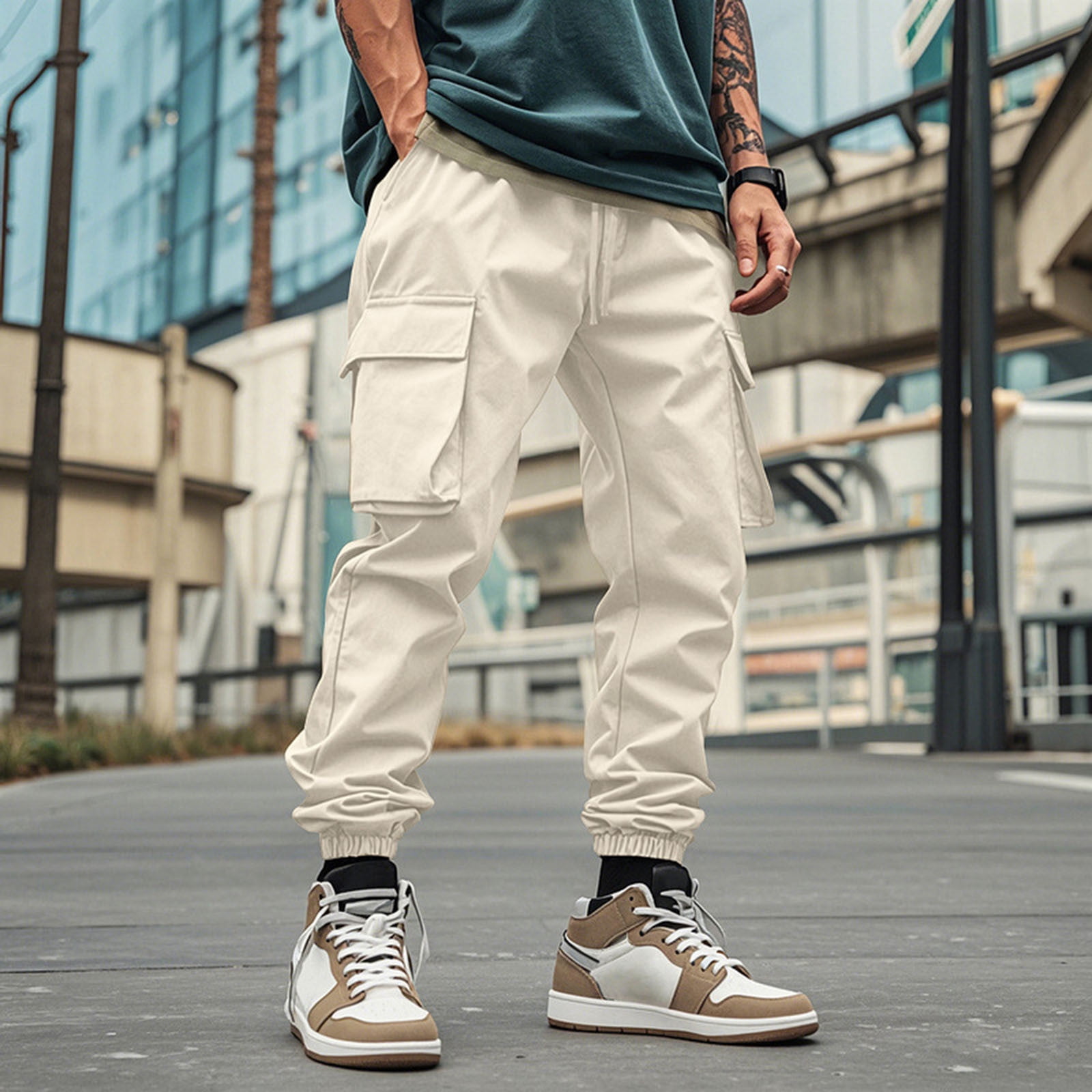 Handshe Men s Solid Color Breathable Sport Cargo Joggers With handshe-men-s-solid-color-breathable-sport-cargo-joggers-with