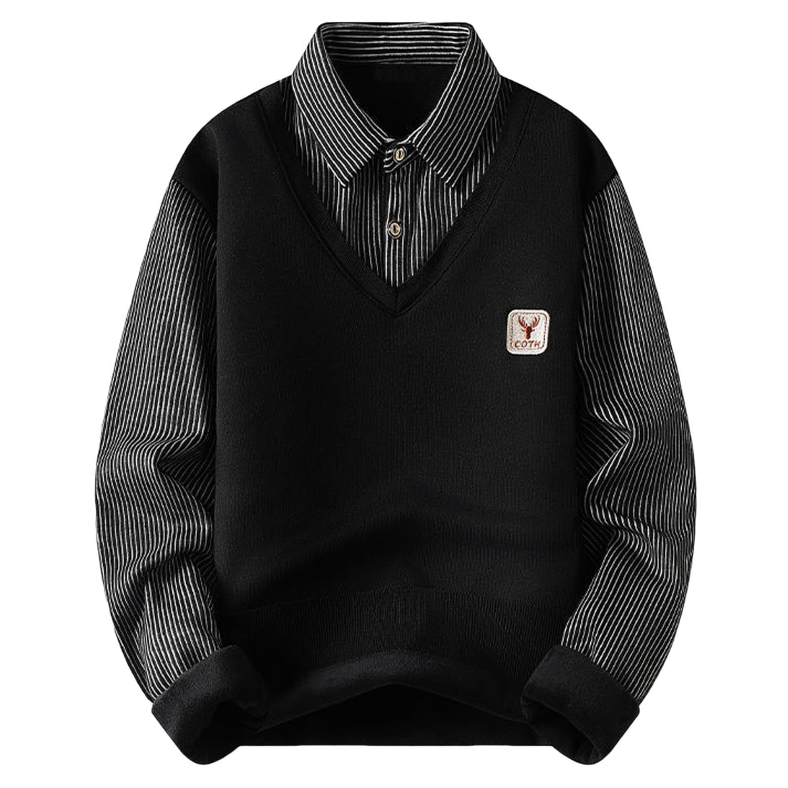 Handshe Men's Solid Color Faux Two-Piece Knit Sweaters, Thermal ...