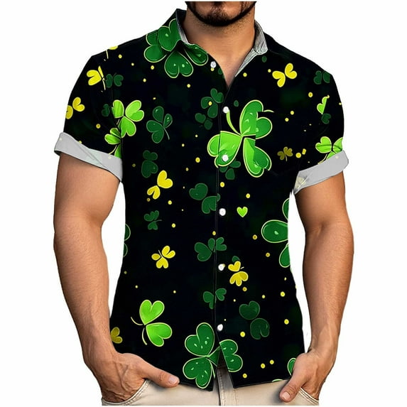 Handshe Men's St. Patrick's Day Print Short Sleeve Button-Up Shirt with ...