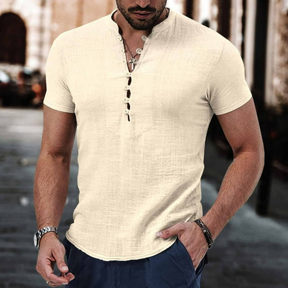 Handshe Men's Stand Collar Shirt, Solid Color Short Sleeve with Button ...