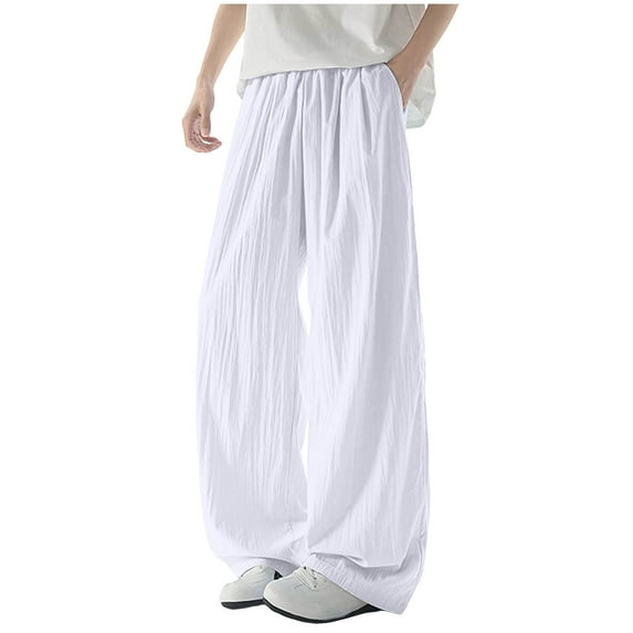 Handshe Men's Wide Leg Casual Pants, Solid Color Ice Silk Flowy ...