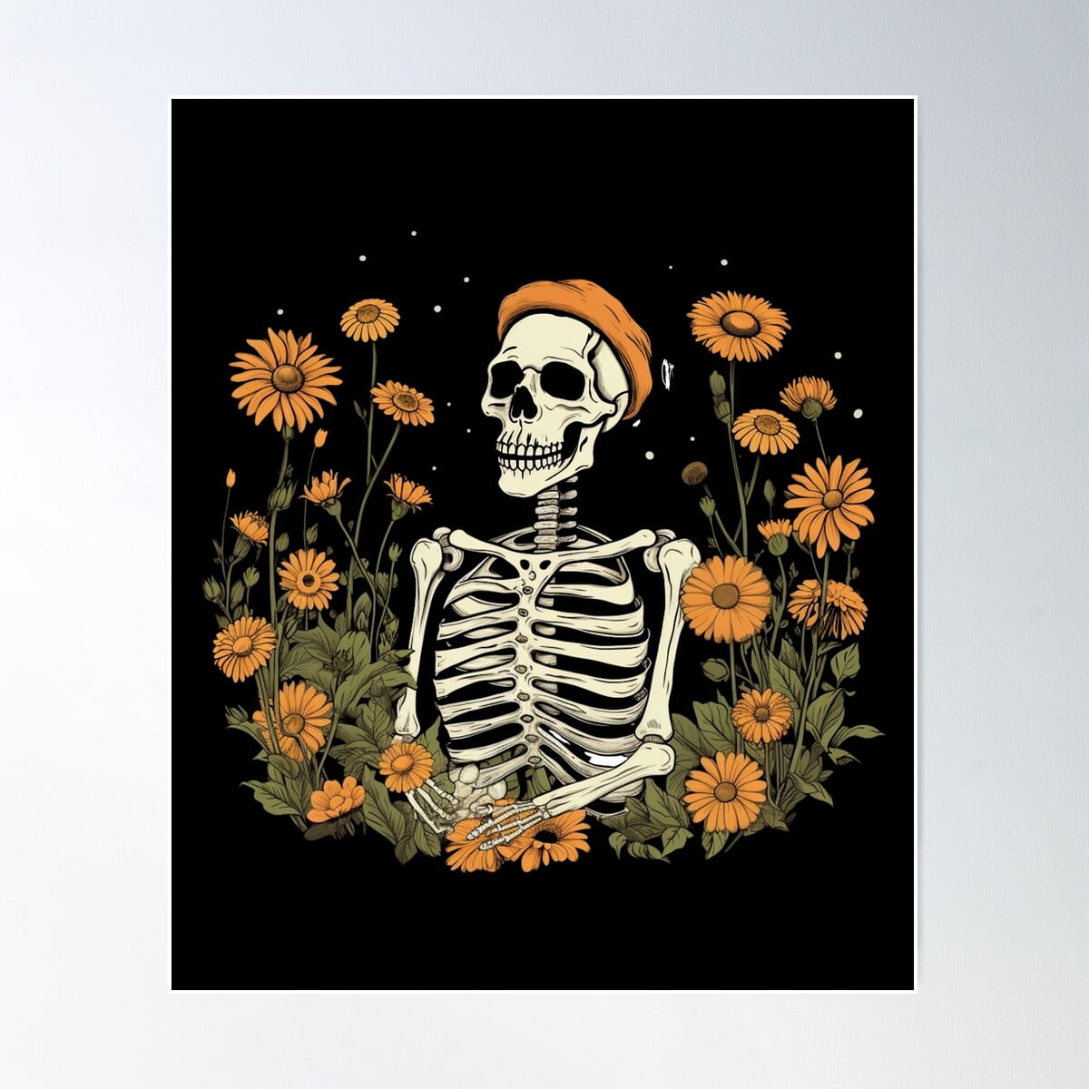 Handsome Skeleton Scull In A Cap Skeleton In Flowers Poster Wall Art ...