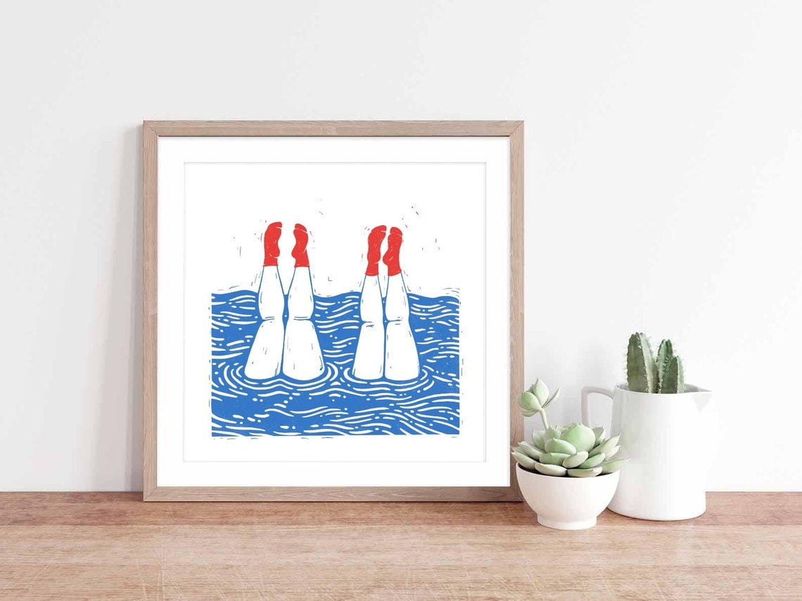 Handstand Wild Swimming Ladies Square Lino Style Art Illustration Print ...