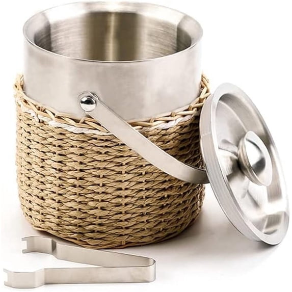 Handwoven 2L Stainless Steel Ice Bucket with Lid and Ice Tongs ...