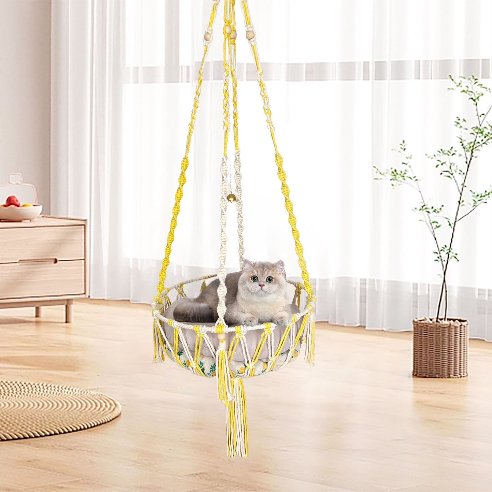 Handwoven Bohemian Cat Hammock, Extra Large 55.9x15.75 Inch Cotton Rope Hanging Bed with Bells ...