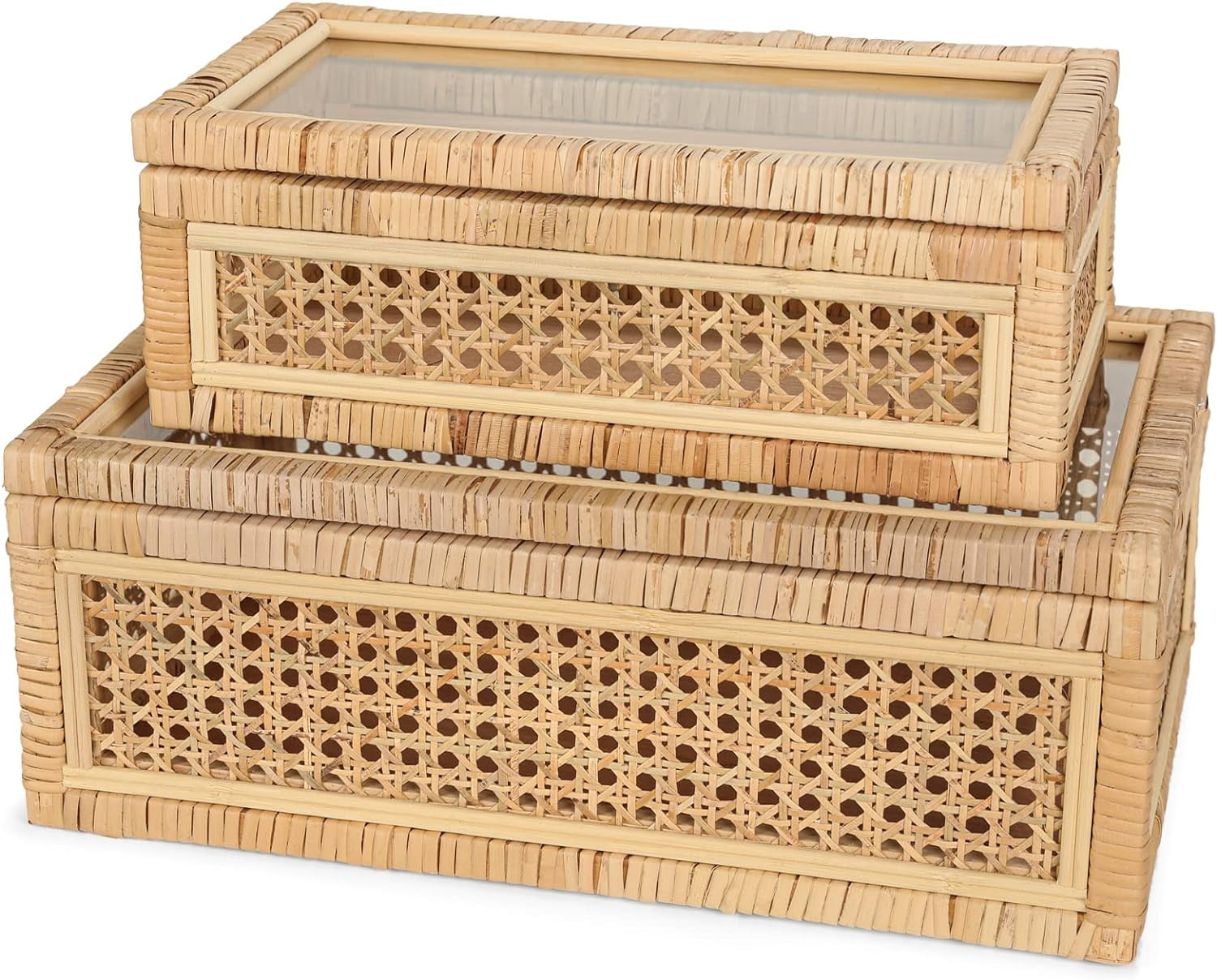 Handwoven Boho Rattan Display Boxes with Glass Lids - Set of 2 ...