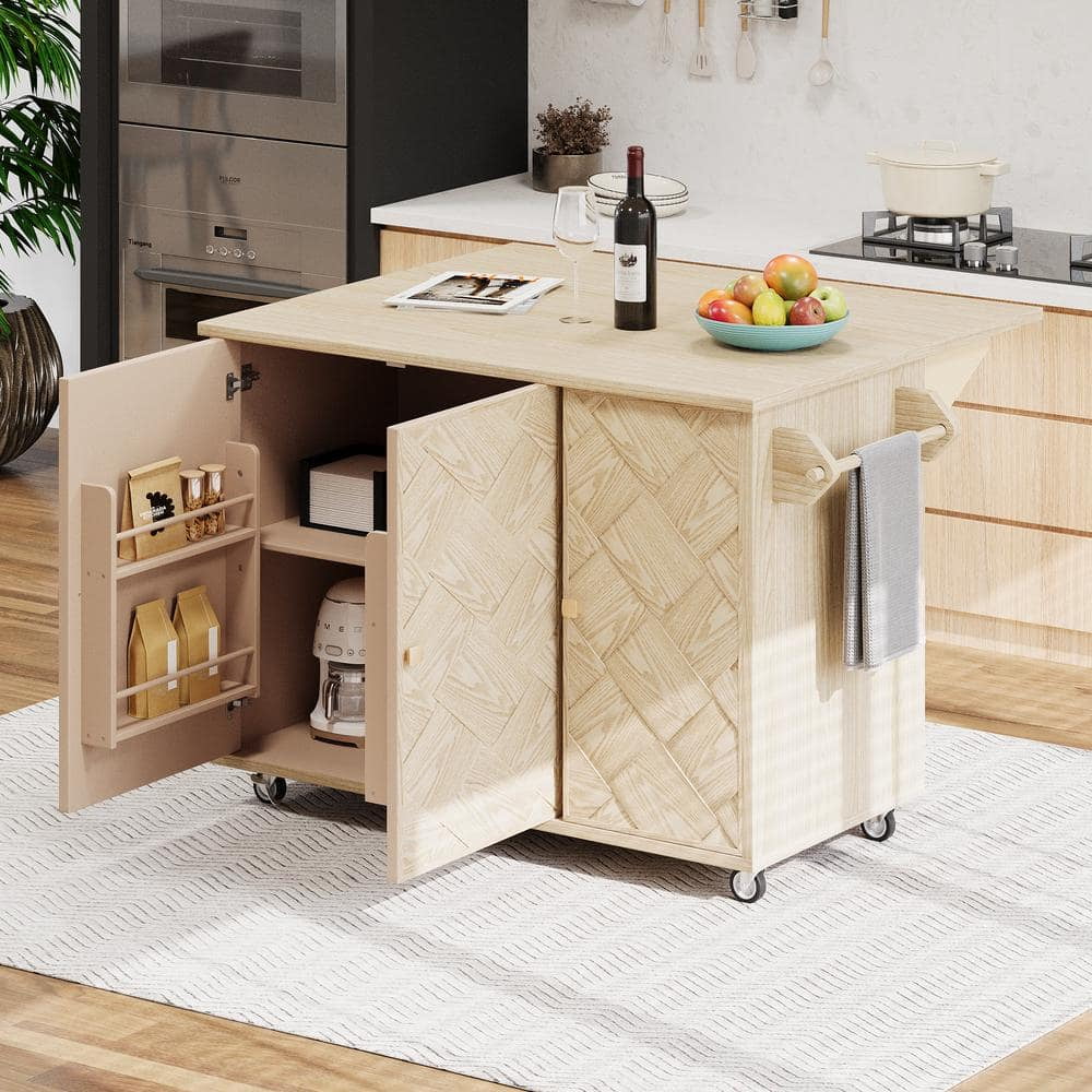 Handwoven Design Natural Ash Veneer Wood Kitchen Cart with Drop-Leaf ...