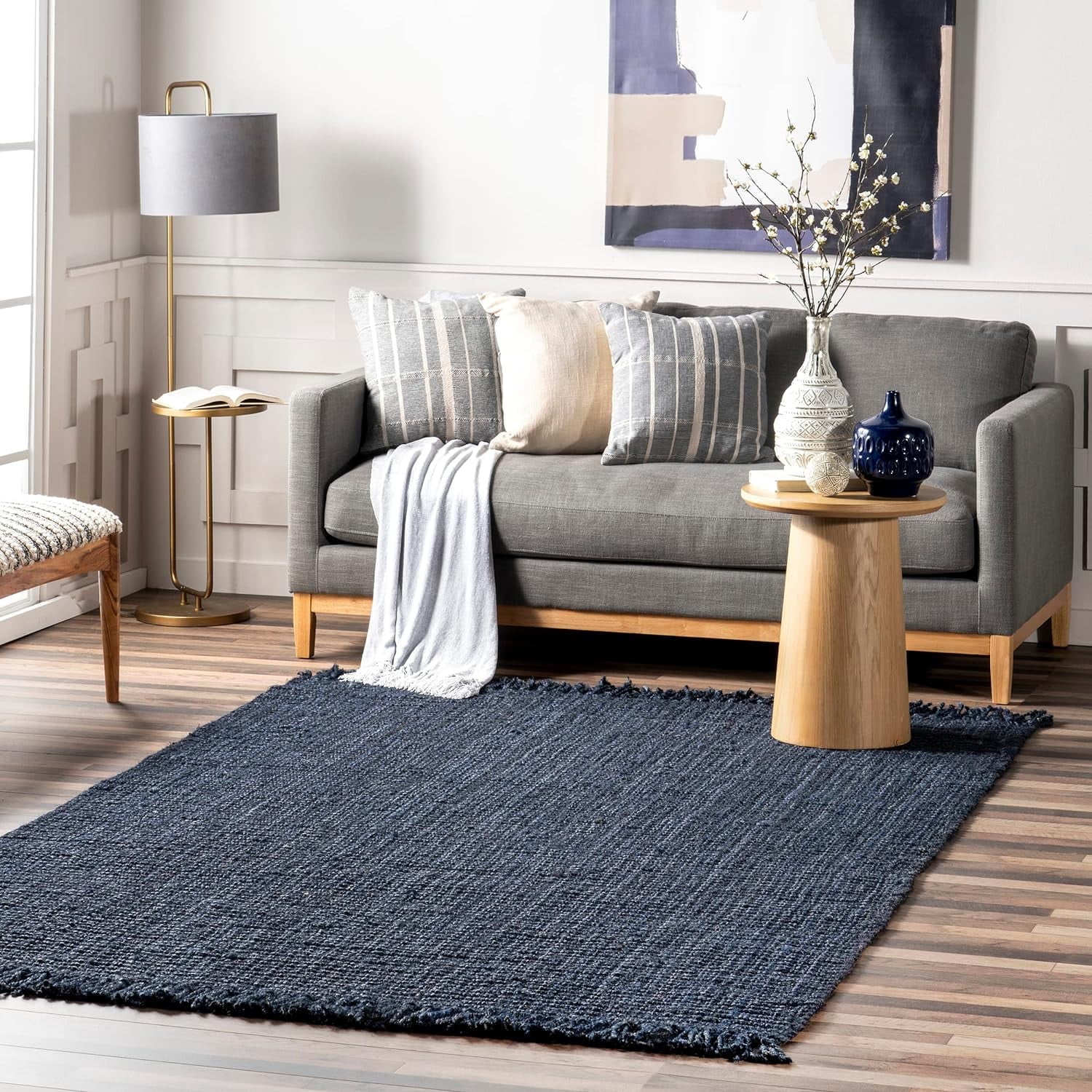 Handwoven Farmhouse Natural Navy Blue Jute Area Rugs ,Home Décor Chunky ...