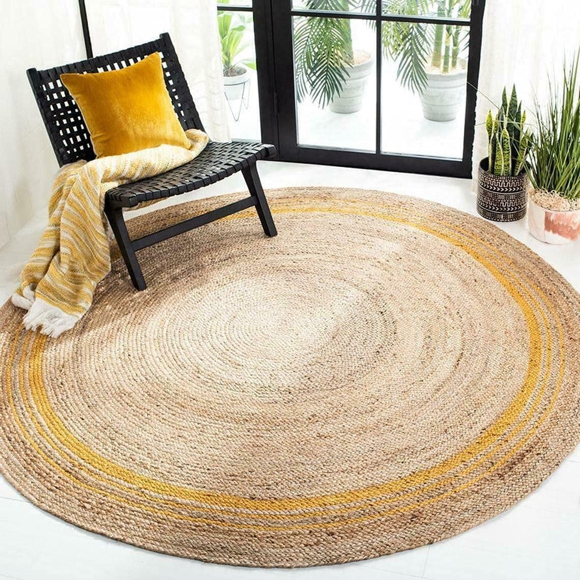 Handwoven Jute Area Rug,Natural Beige Color Yellow Line Hand Braided ...