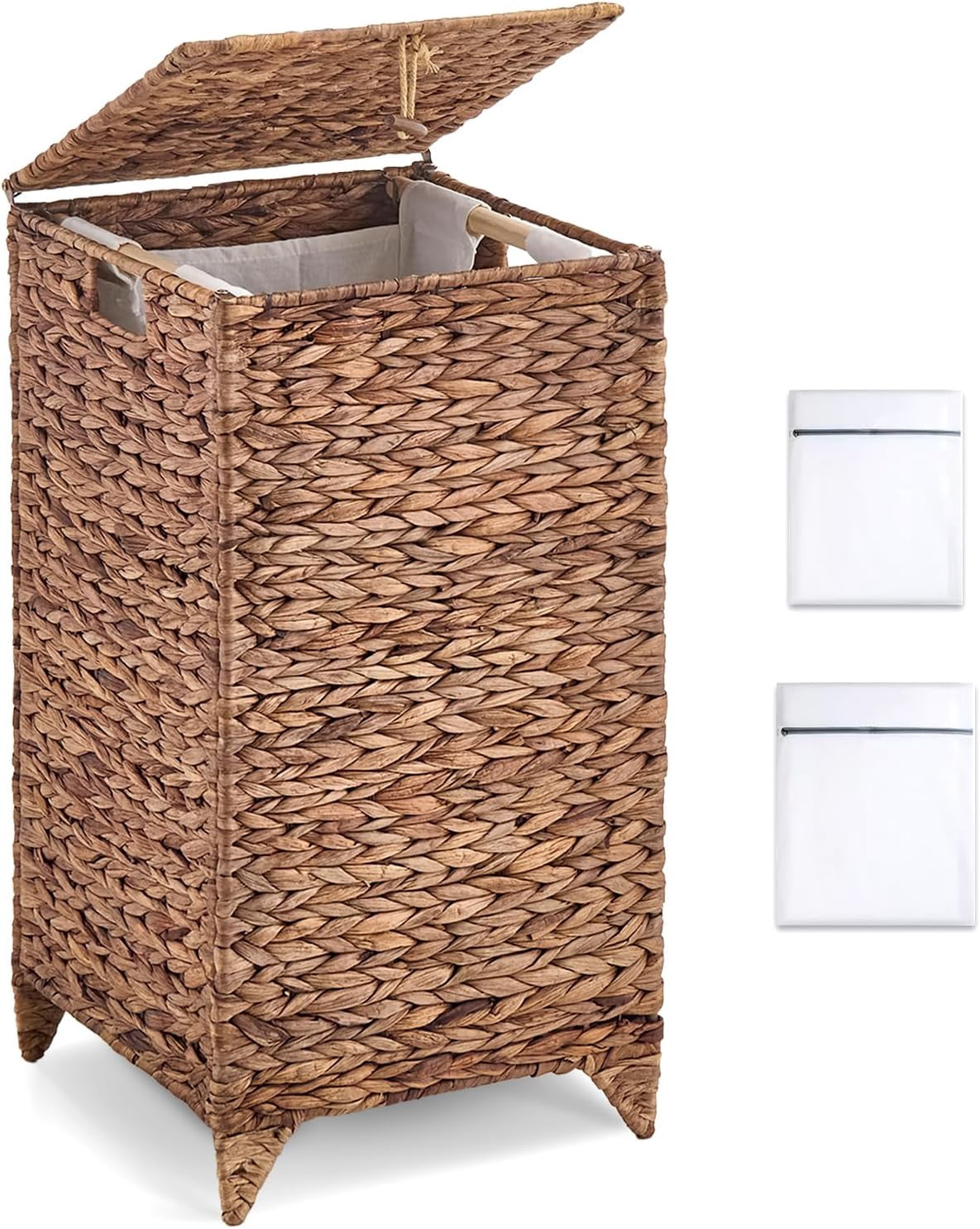 Handwoven Laundry Hamper with Lid, Natural Hyacinth Heightened Feet ...