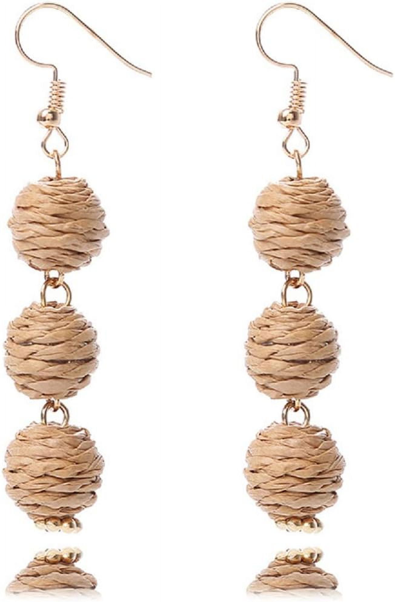 Handwoven Long Natural Rattan Raffia Ball Drop Dangle Earrings Boho Braid Straw Wicker Beaded ...