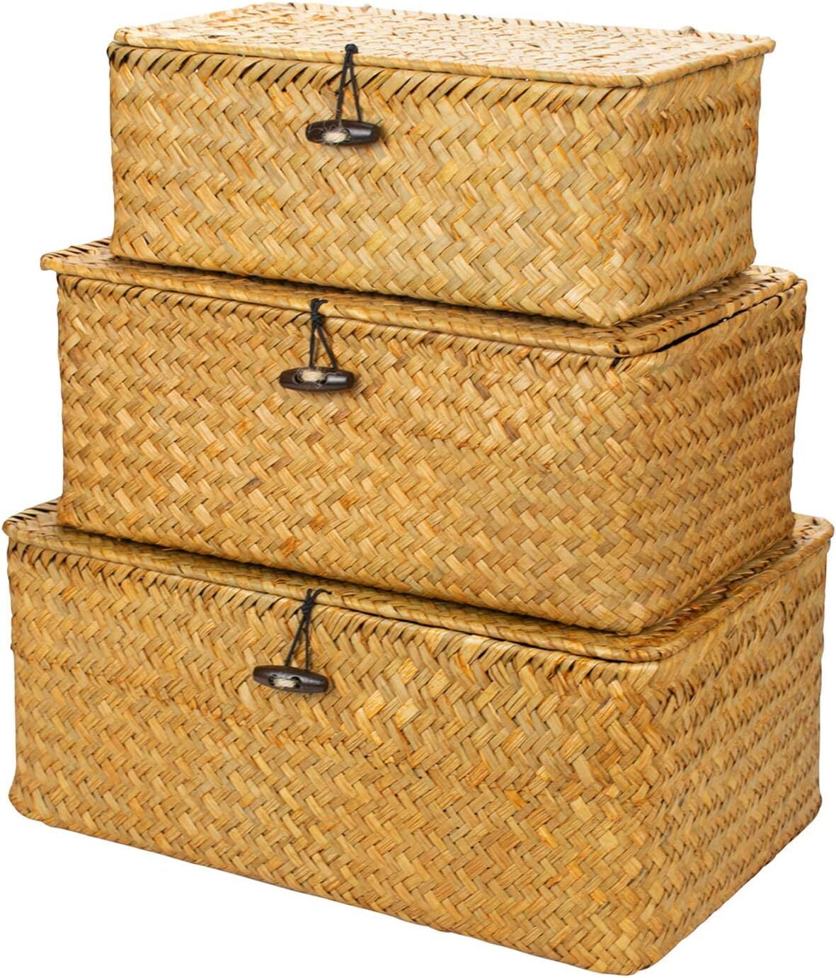 Handwoven Natural Seagrass Bin with Lid, Set of 3, Shelf Baskets ...