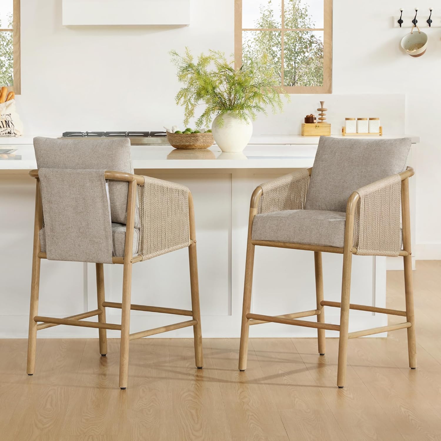 Handwoven Paper Cord Counter Stools Set of 2, Fabric Upholstered ...