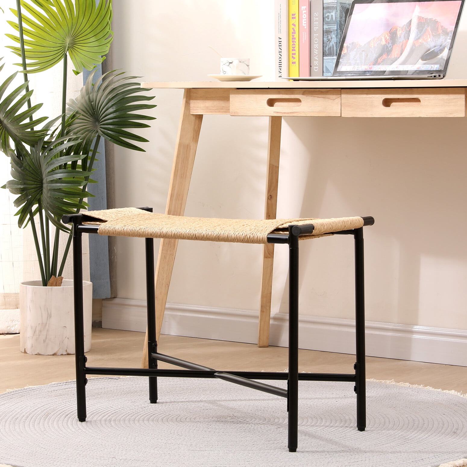 Handwoven Paper Rope Footrest Ottoman - Durable Metal Frame Design for ...