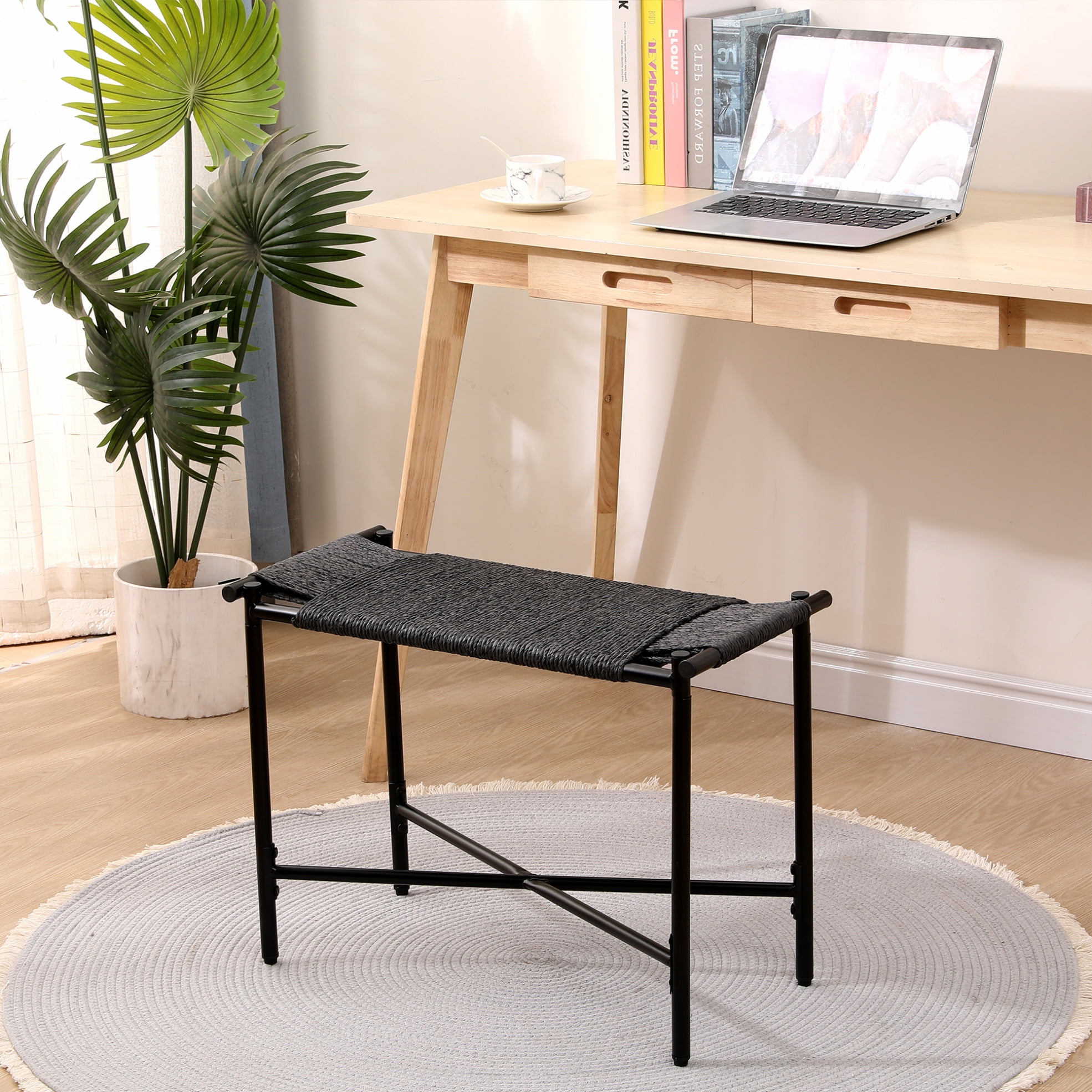 Handwoven Paper Rope Footstool with Metal Frame – Multi-Purpose Ottoman ...