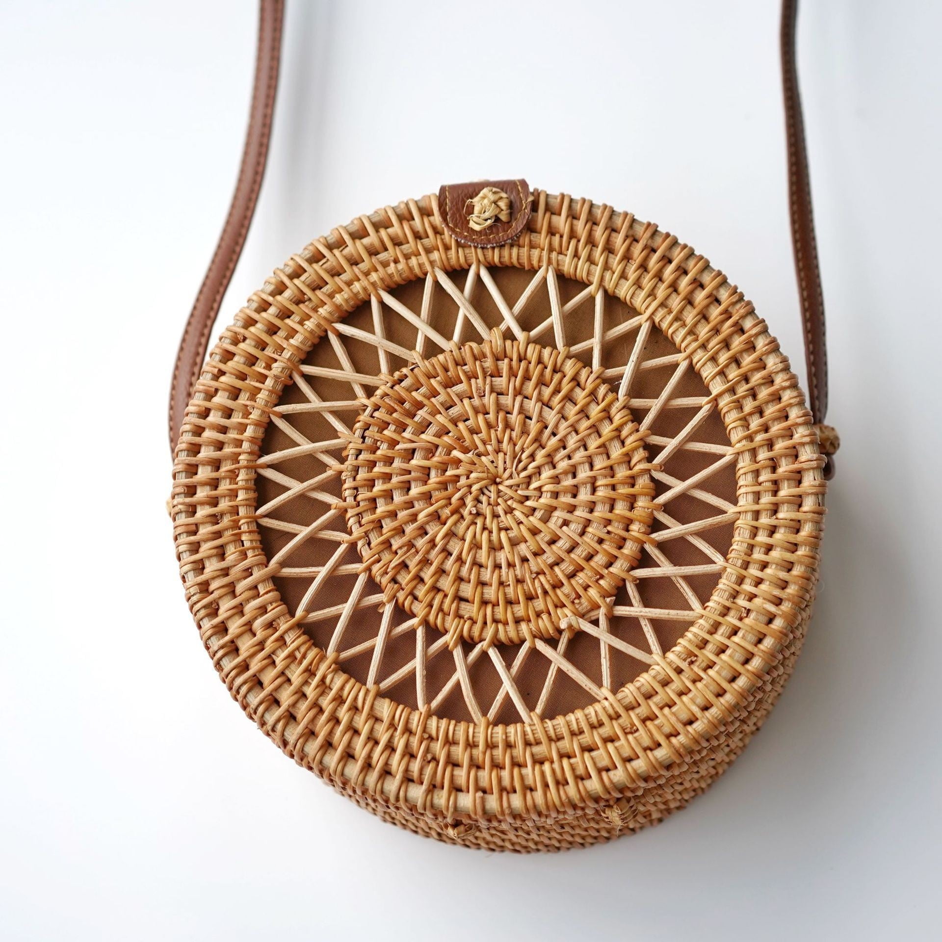Handwoven Rattan Bag Shoulder with Leather Strap, Women Handmade Wicker ...