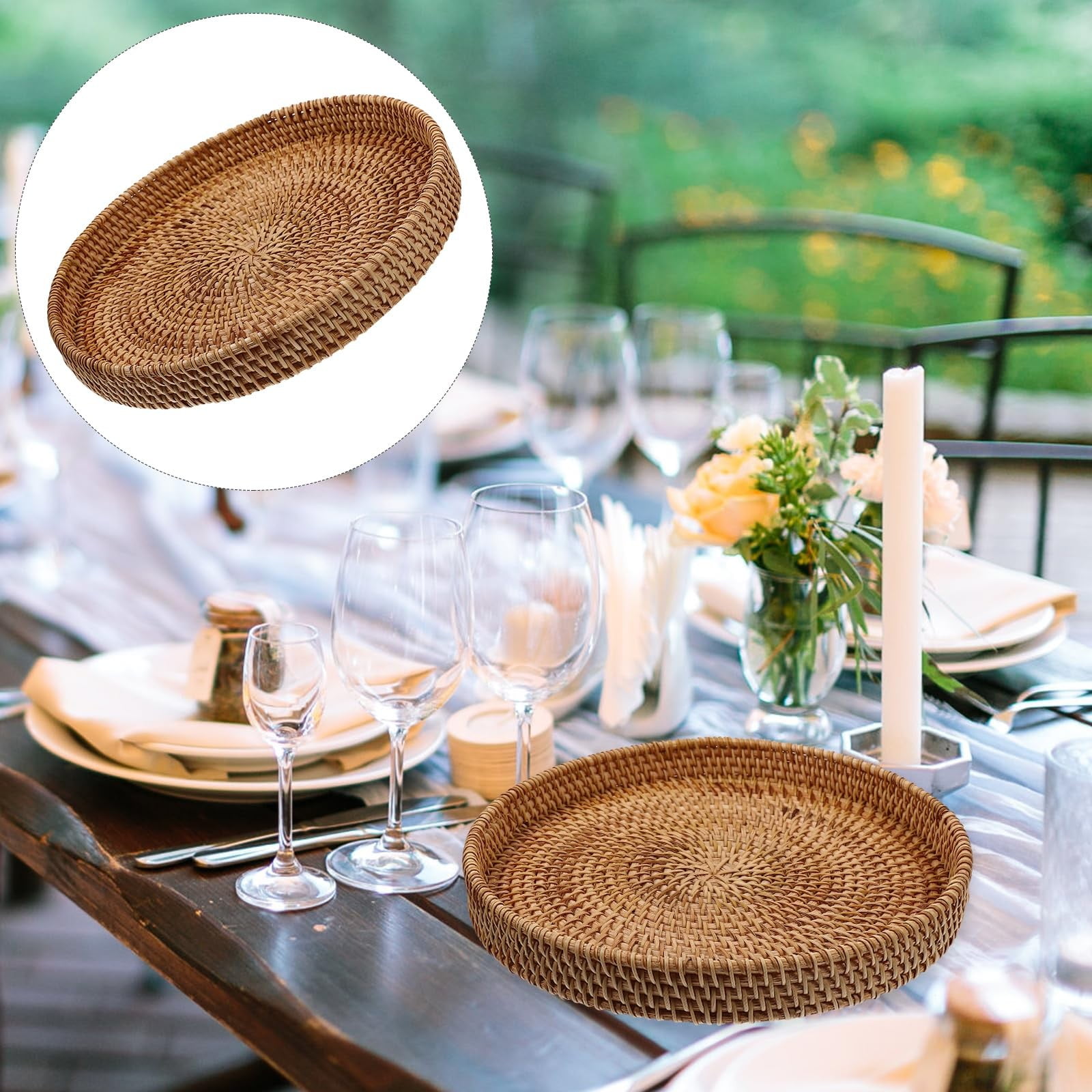 Handwoven Rattan Round Serving Tray - Decorative Coffee Table & Ottoman ...