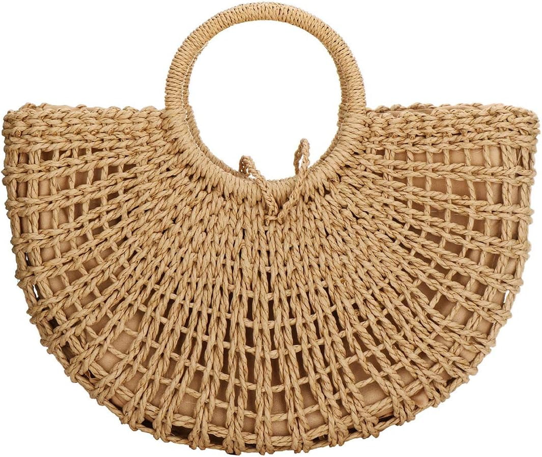 Handwoven Rattan Top-handle Bag for Women Bohemian Round Straw Tote Bag ...