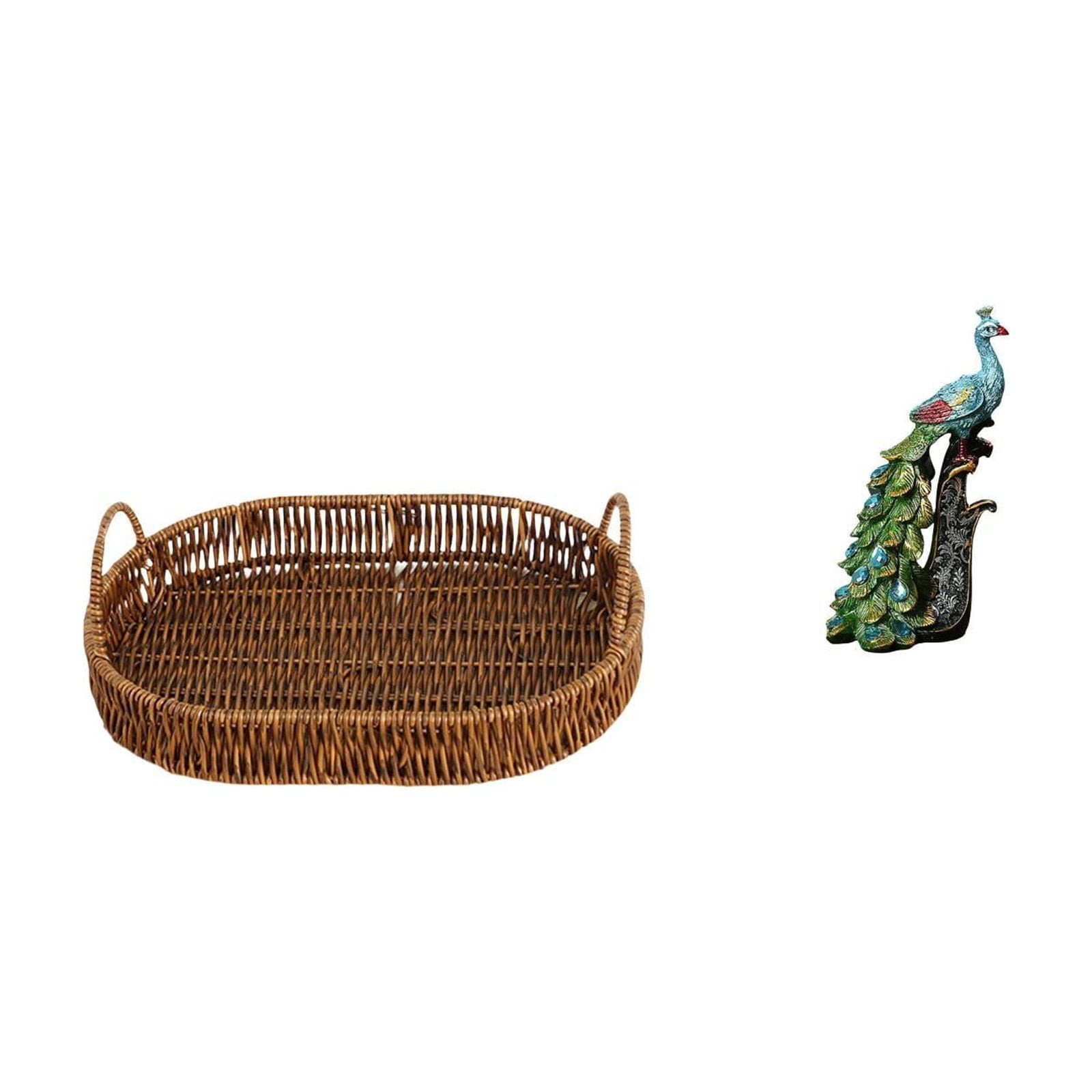 Handwoven Rattan Tray Bread Basket Peacock Statue Resin Durable Craft ...