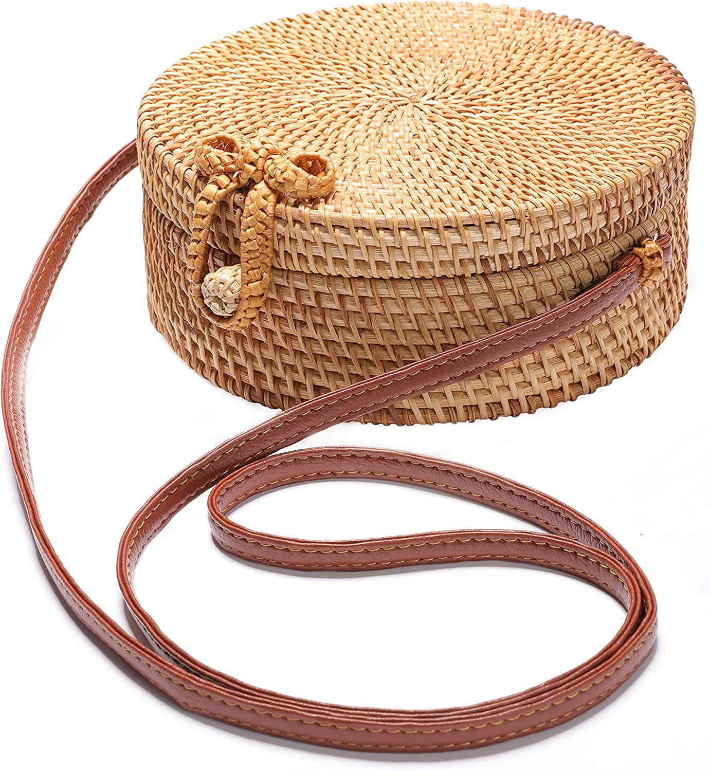 Handwoven Round Rattan Bag Shoulder Leather Straps Natural Chic Hand ...