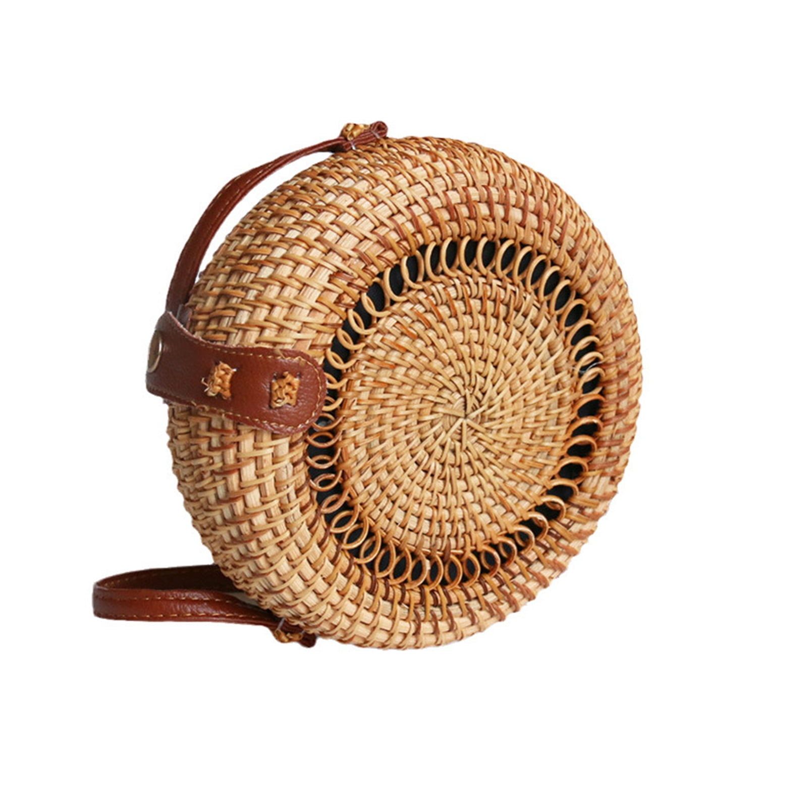 Handwoven Round Rattan Bag with Shoulder Strap Large Capacity Natural ...