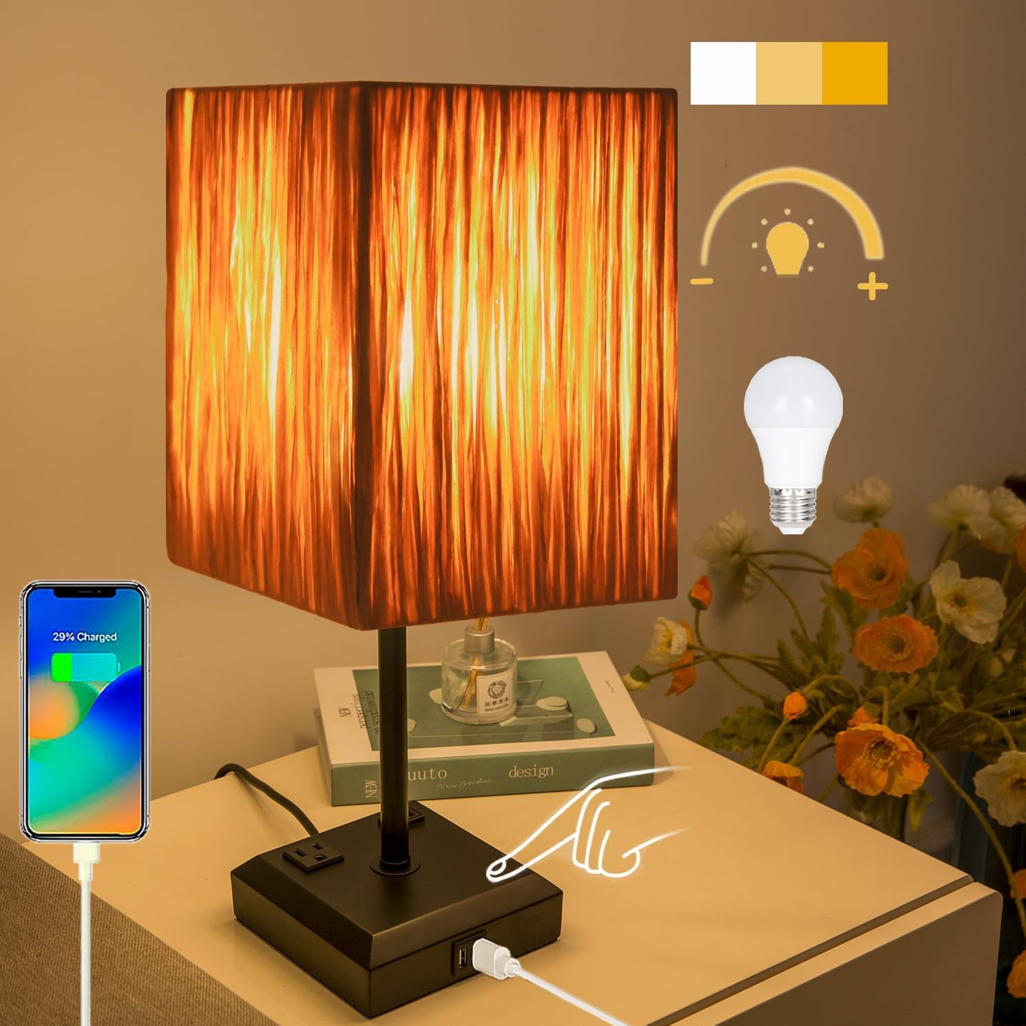 Handwoven Square Raffia Shade Ambient Table Lamp,Bedside Table Lamp ...