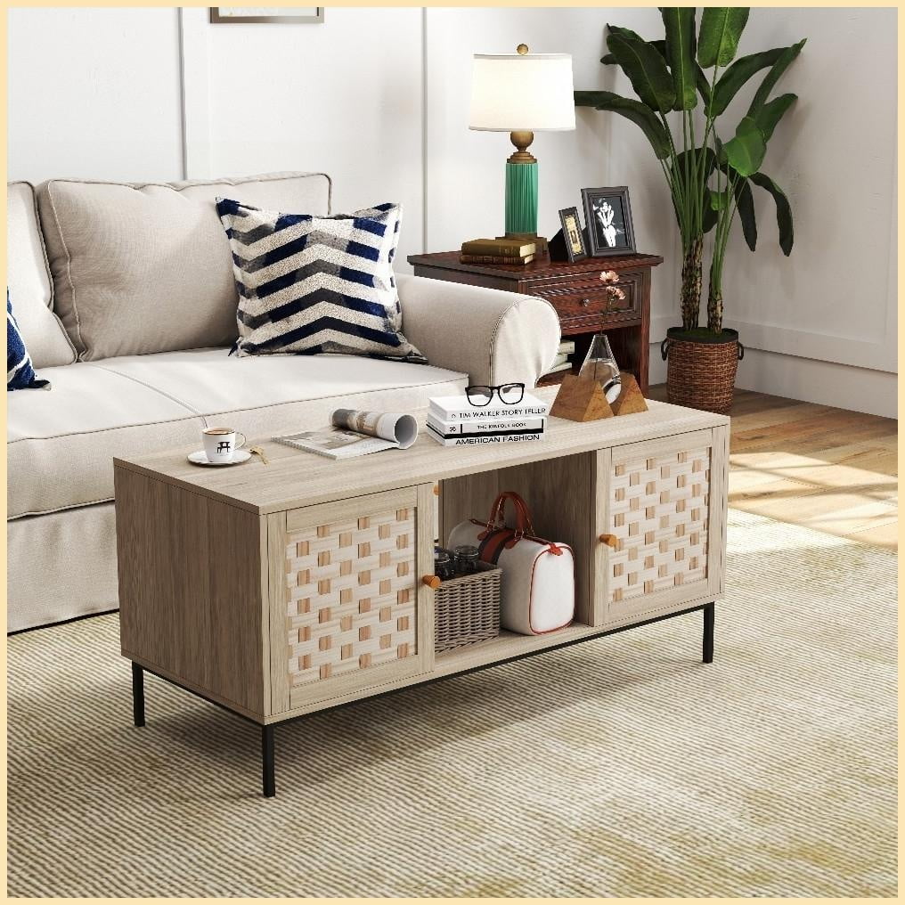 Handwoven Veneer Weave Coffee Table with 4 Sliding Doors - Space-Saving ...